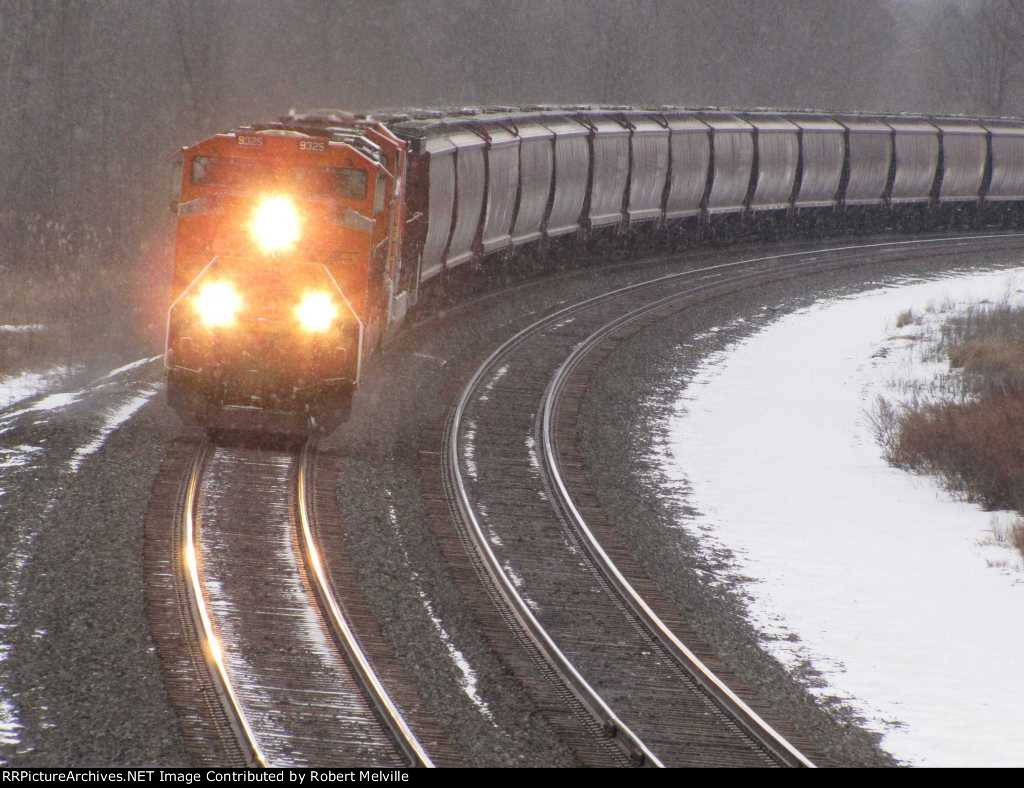 BNSF 9325 leading EB grain train into the reverse curve at Savage Rd